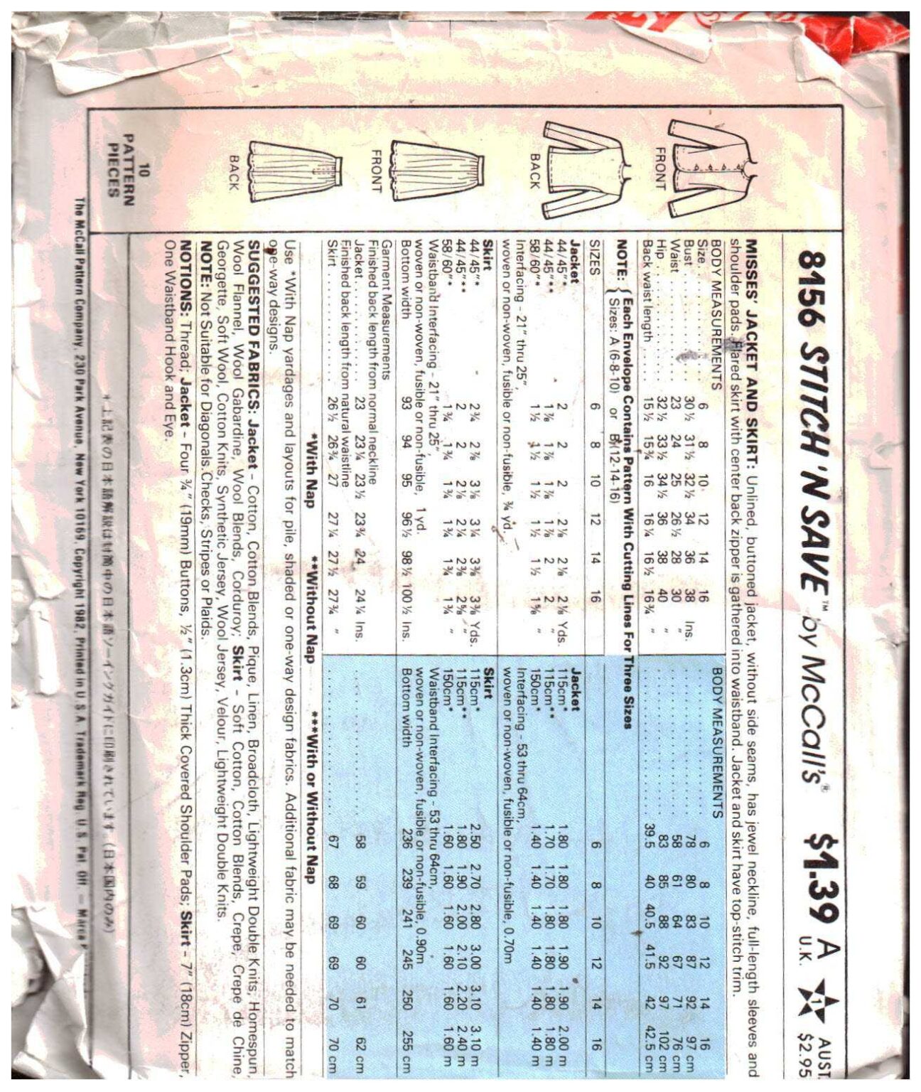 McCall's 8156 Jacket, Skirt Size: B 12-14-16 Used Sewing Pattern