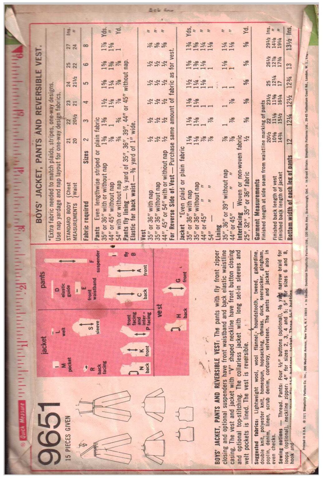 Simplicity 9651 Boys' Jacket, Pants, Reversible Vest Size: 5 Chest 24 ...