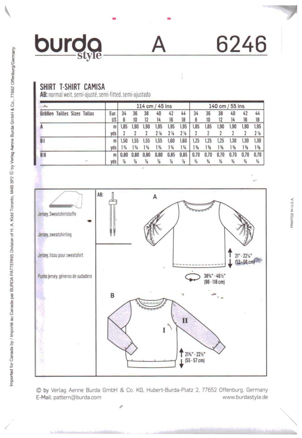 Burda 6246 Blouse Size: 8-18 Uncut Sewing Pattern