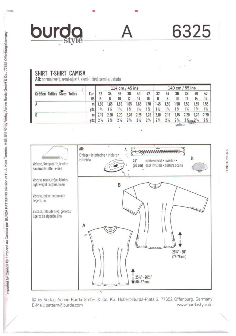 Burda 6325 Blouse, Tunic Size: 6-16 Uncut Sewing Pattern
