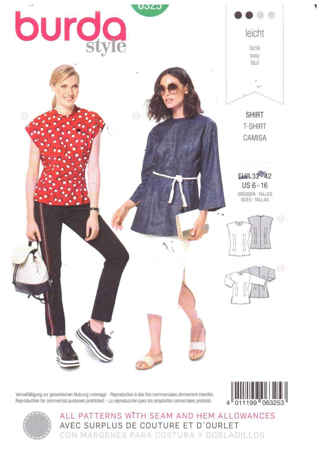 Burda 6325 Blouse, Tunic Size: 6-16 Uncut Sewing Pattern