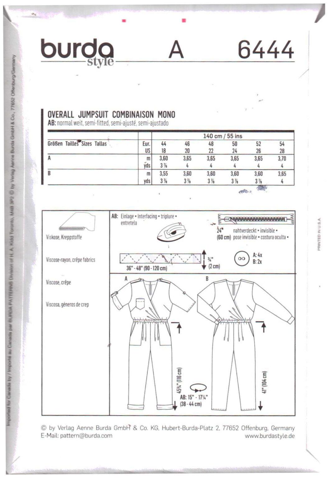 Burda 6444 Overall, Jumpsuit Size: 18-28 Uncut Sewing Pattern