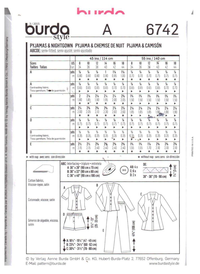 Burda 6742 Pajamas Size: 89-18 Uncut Sewing Pattern