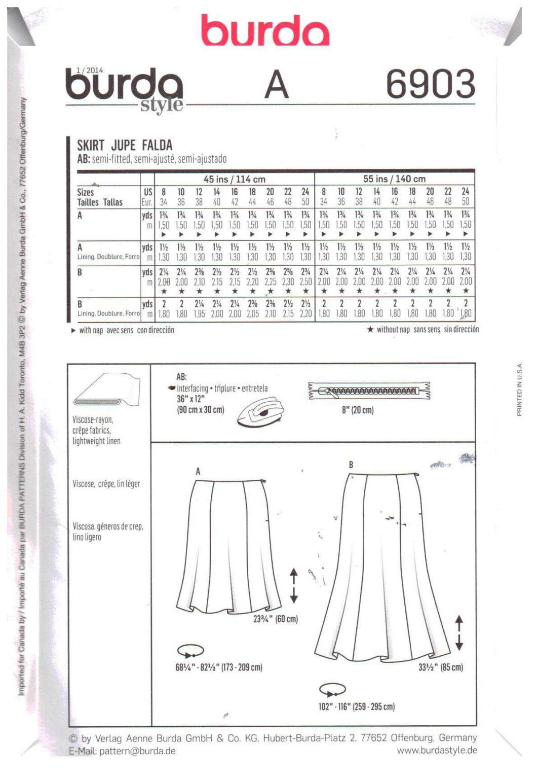 Burda 6903 Skirts Size: 8-24 Uncut Sewing Pattern