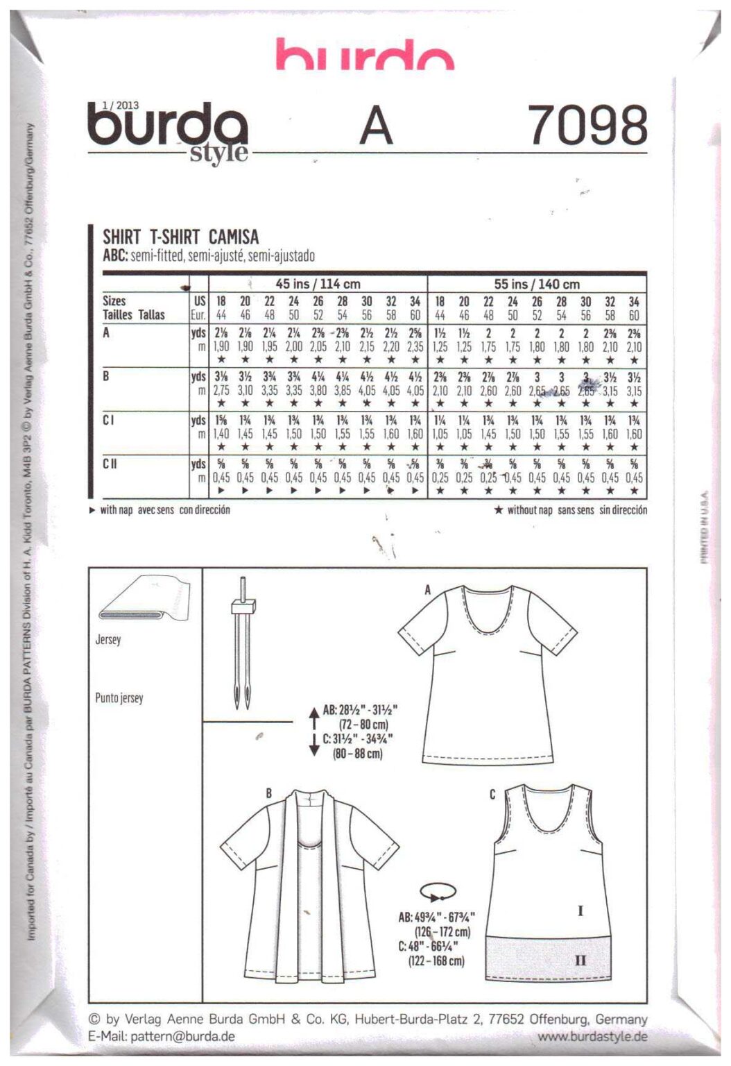 Burda 7098 Blouse Size: 18-34 Uncut Sewing Pattern