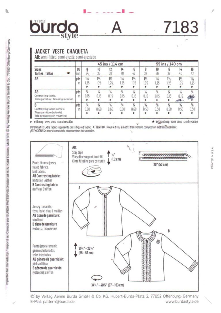 Burda 7183 Jacket Size: 8-16 Uncut Sewing Pattern