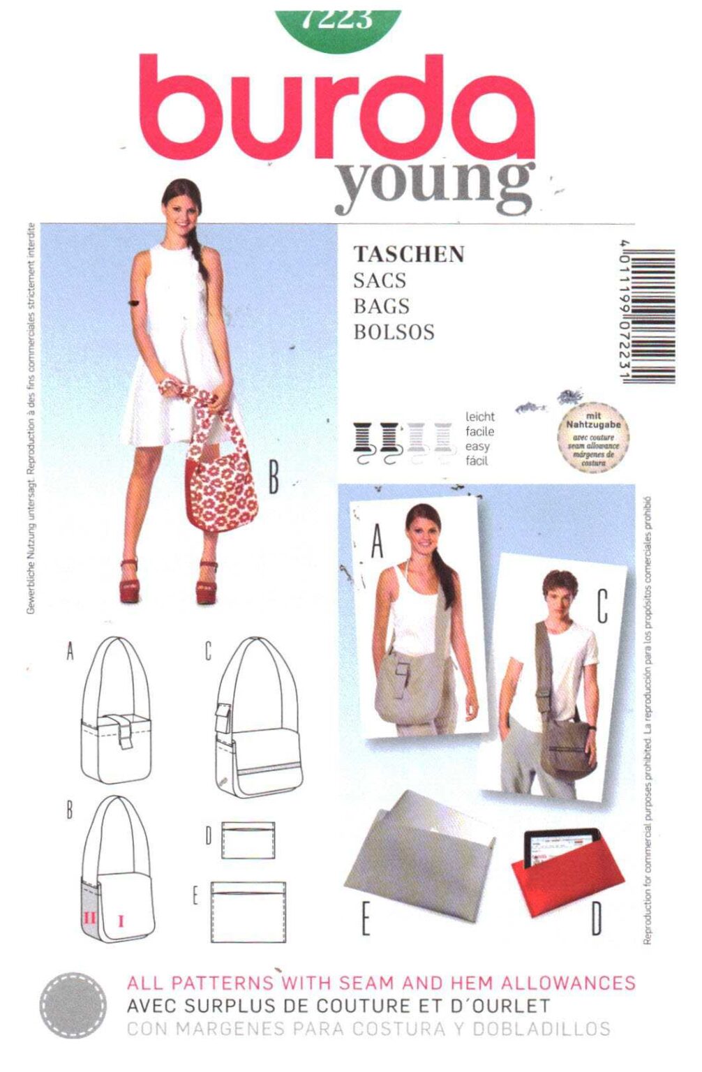 Burda 7223 Bags, Purse Size: One Uncut Sewing Pattern