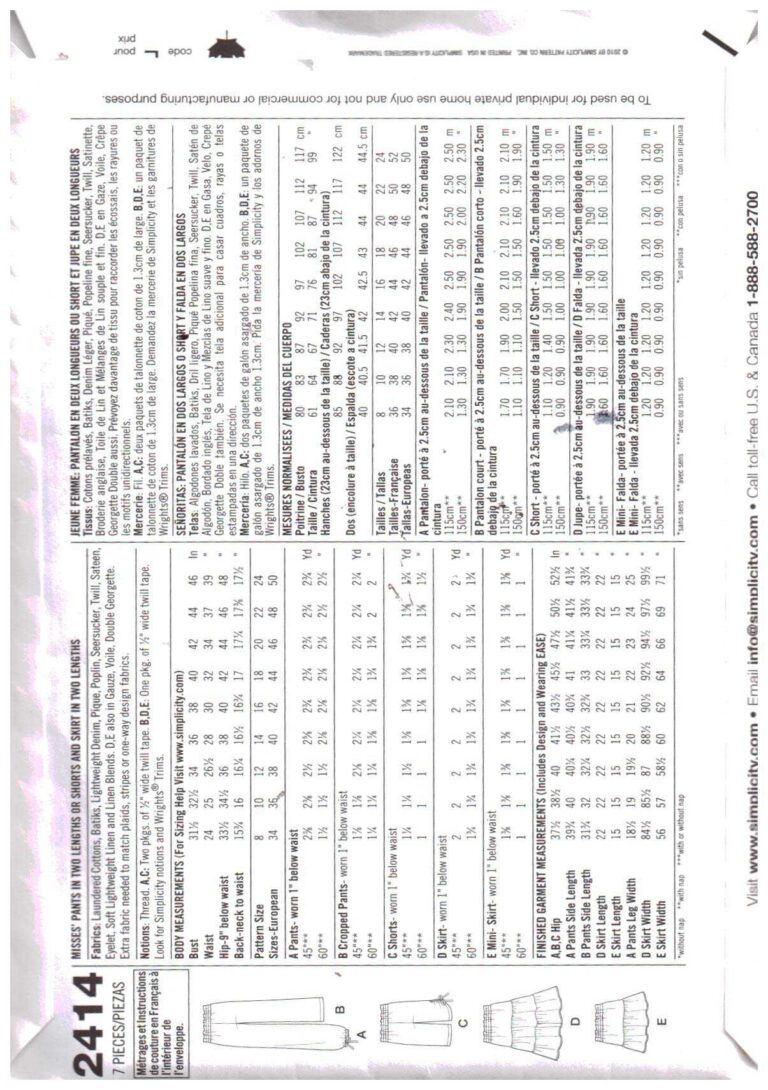 Simplicity 2414 Pants, Shorts, Skirts Size: K5 8-10-12-14-16 Uncut ...