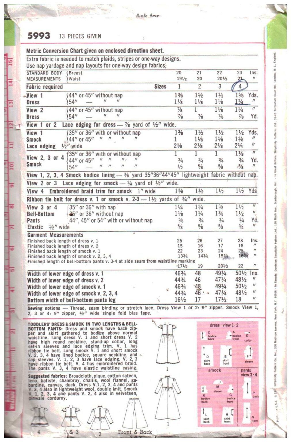 Simplicity 5993 Girl's Dress, Smock, Bell-bottom Pants Size: 3 Breast ...