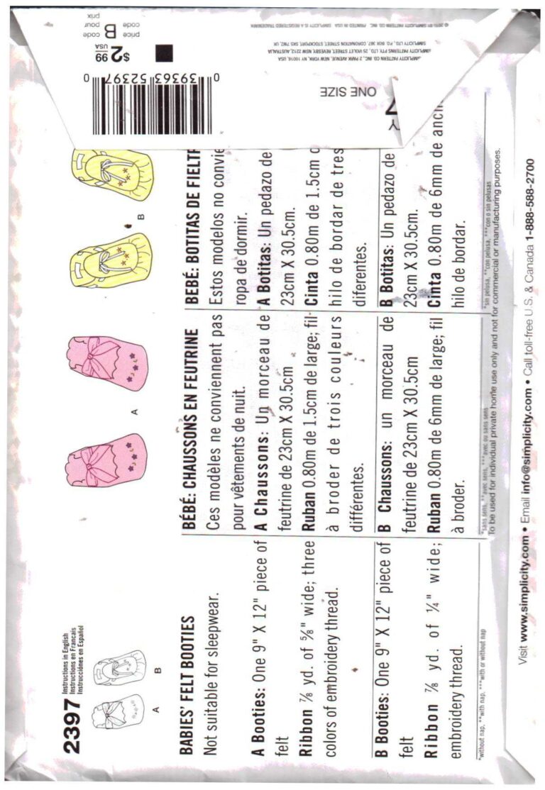 Simplicity 2397 Baby Booties Size: One Uncut Sewing Pattern