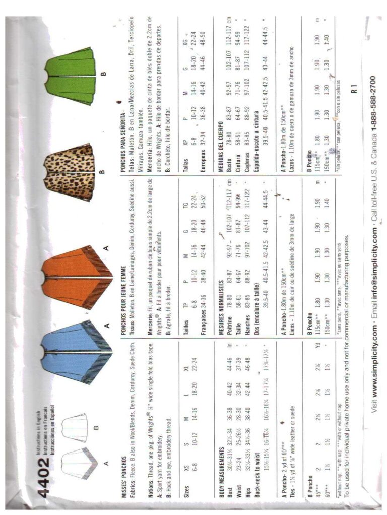 Simplicity 4402 Ponchos Size: A XS-XL Uncut Sewing Pattern