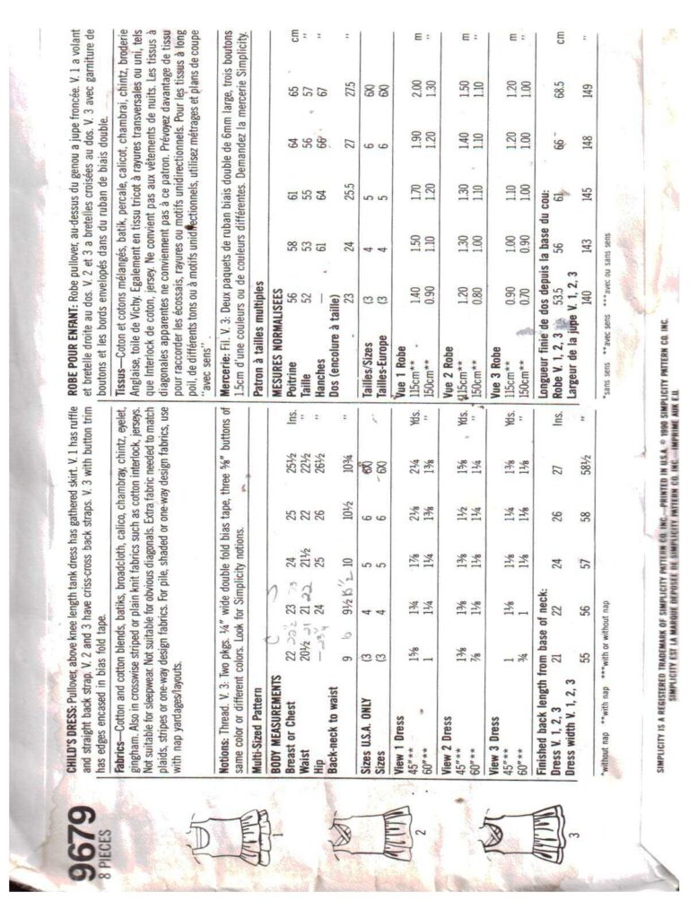 Simplicity 9679 Girl's Dress Size: Breast 22 -25.5 Used Sewing Pattern