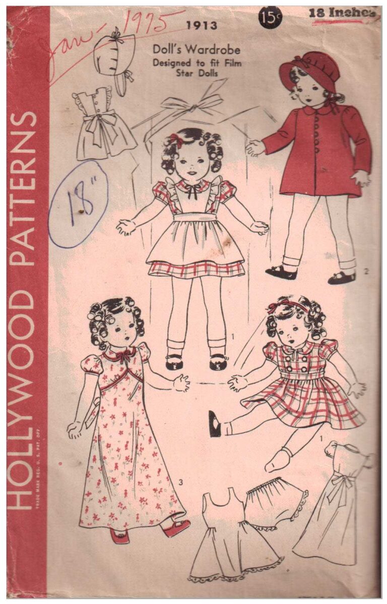 Hollywood Pattern 1913 Dolls Clothes Size: 18" Used Sewing Pattern