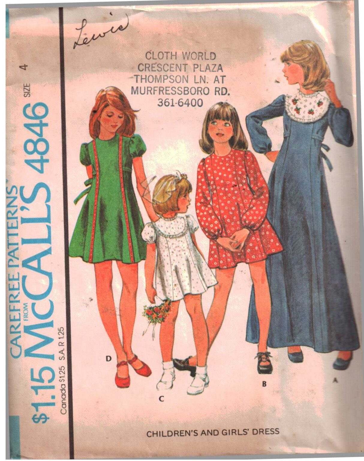 McCall's 4846 Girl's Dress Size: 4 Used Sewing Pattern