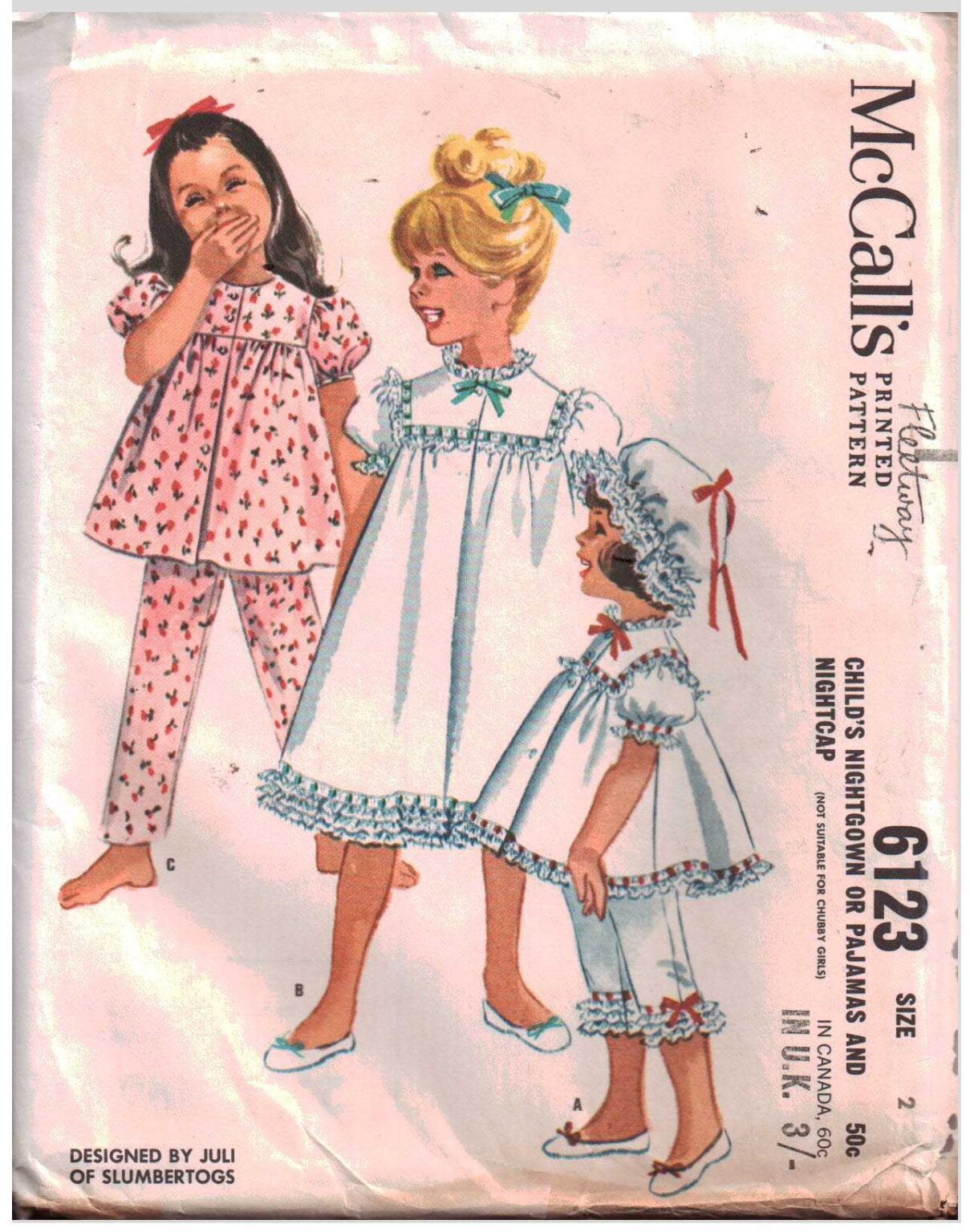 McCall's 6123 Girl's Nightgown, Pajamas, Nightcap Size: 2 Uncut Sewing ...