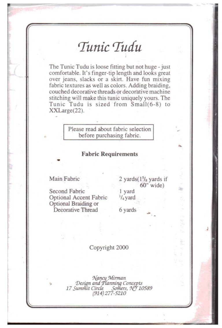 Nancy Mirman Design NM265 Tunic Tudu Size: S-XXL Uncut Sewing Pattern