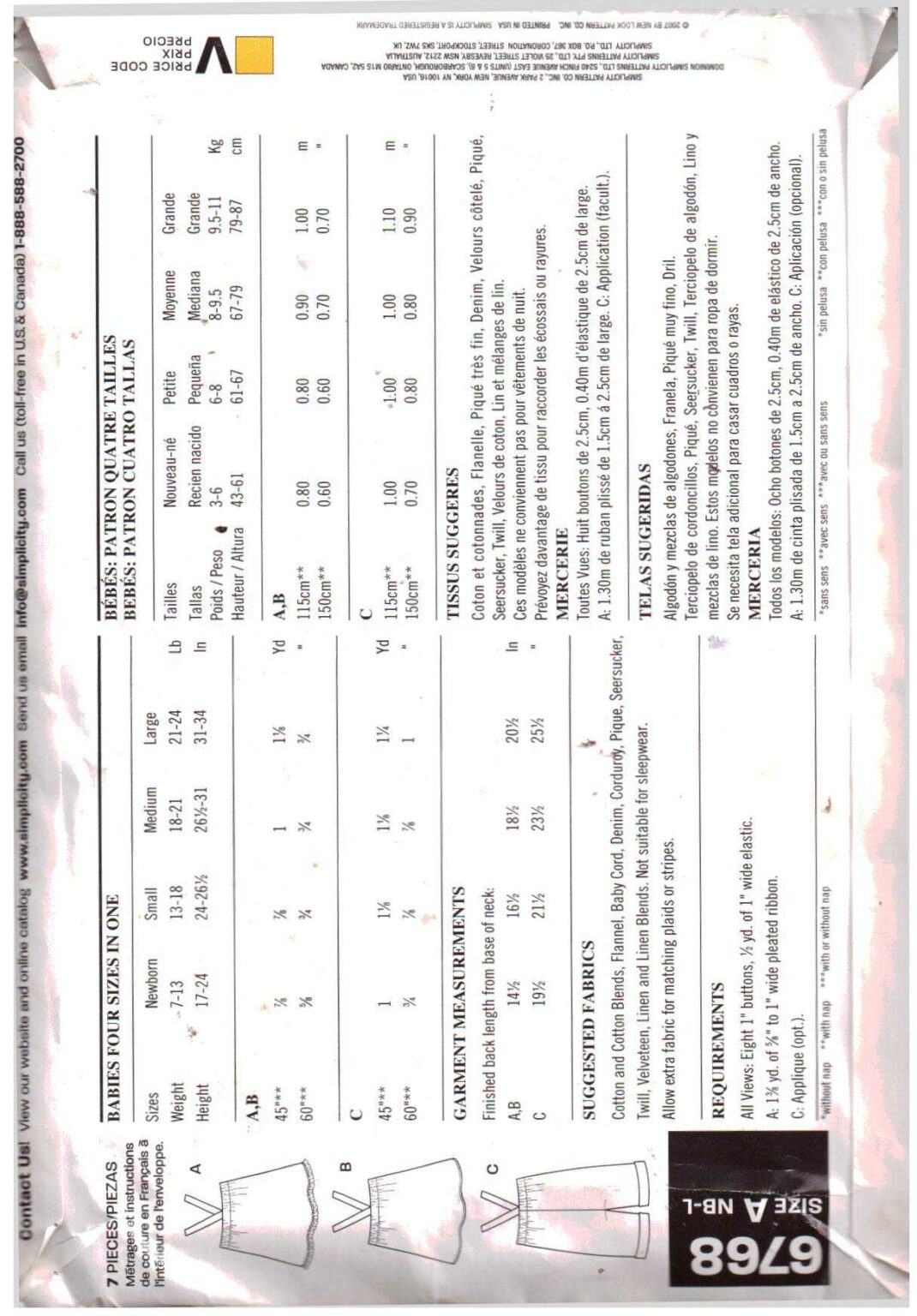 New Look 6768 Babies' Dress, Jumpsuit Size: A NB-L Uncut Sewing Pattern