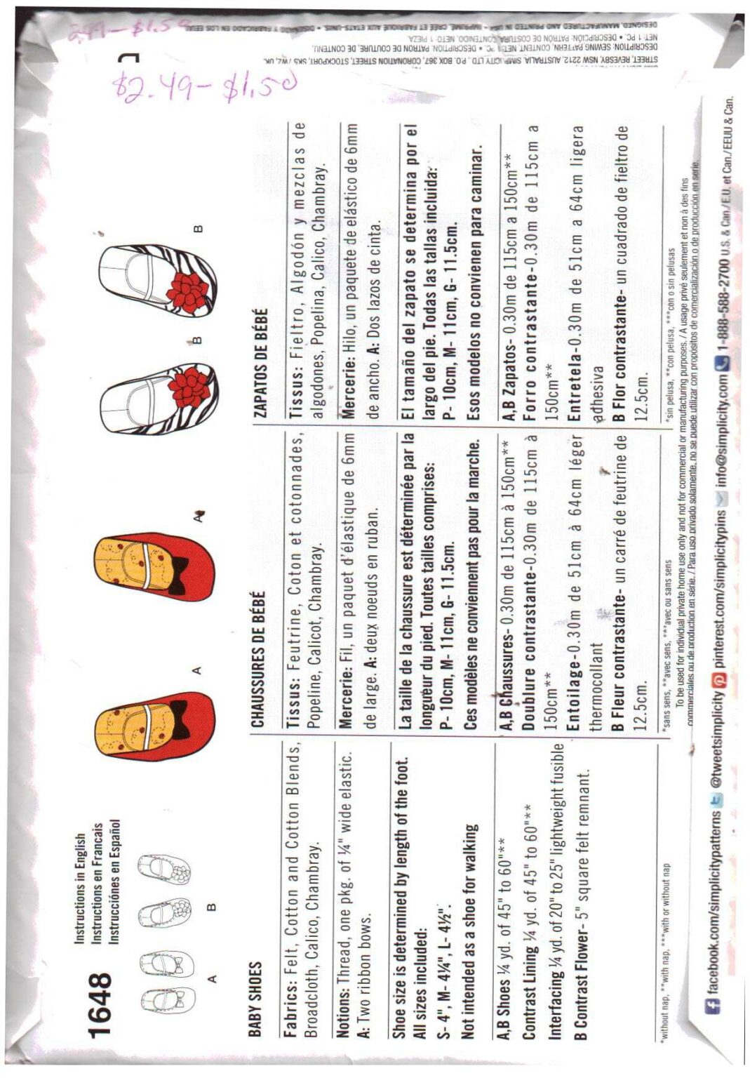 Simplicity 1648 Baby Shoes Size: S-L Uncut Sewing Pattern