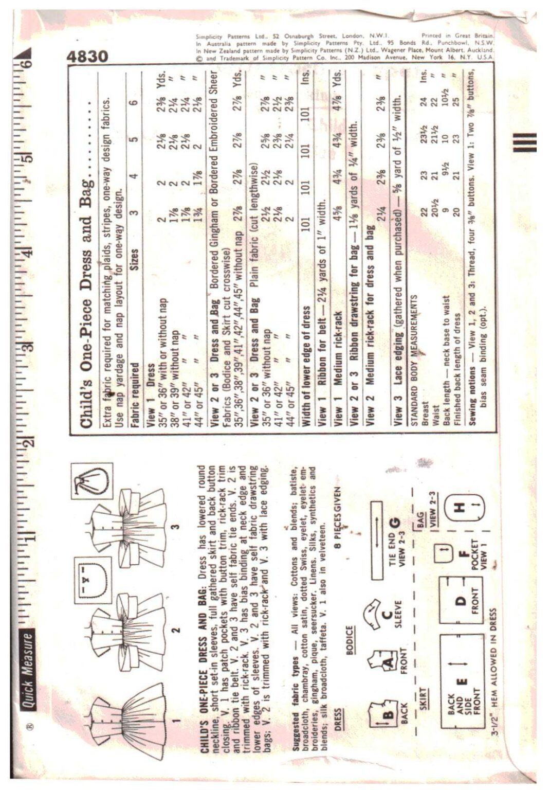 Simplicity 4830 Girl's Dress, Bag Size: 3 Uncut Sewing Pattern