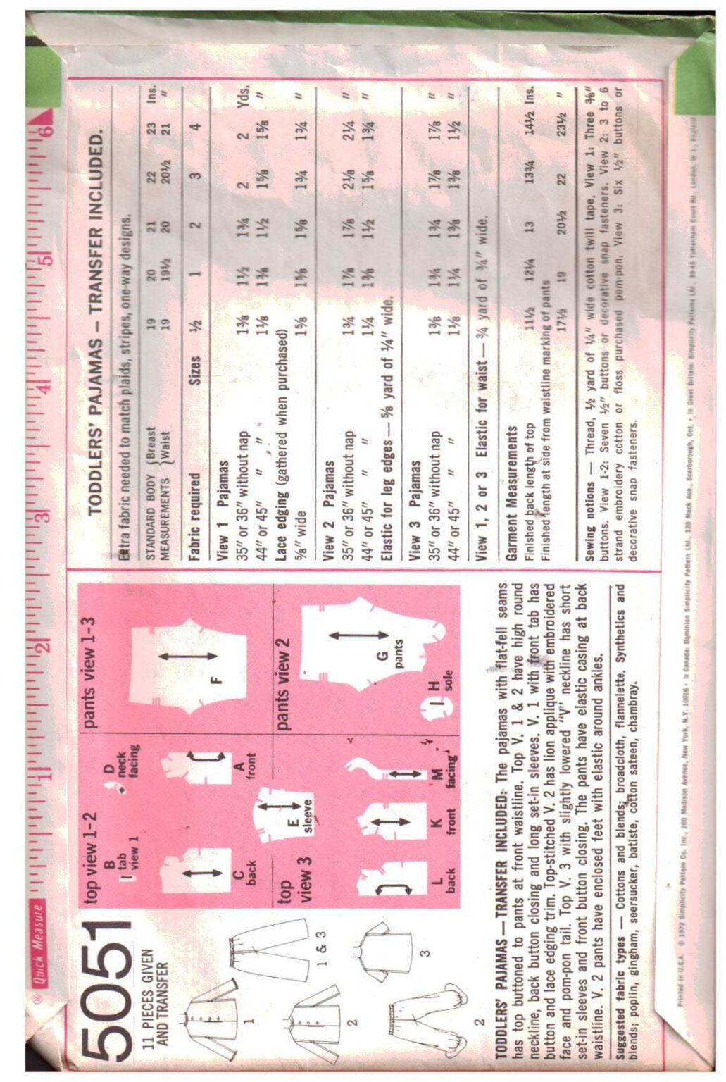 Simplicity 5051 Toddler's Pajamas Size: 1 Used Sewing Pattern