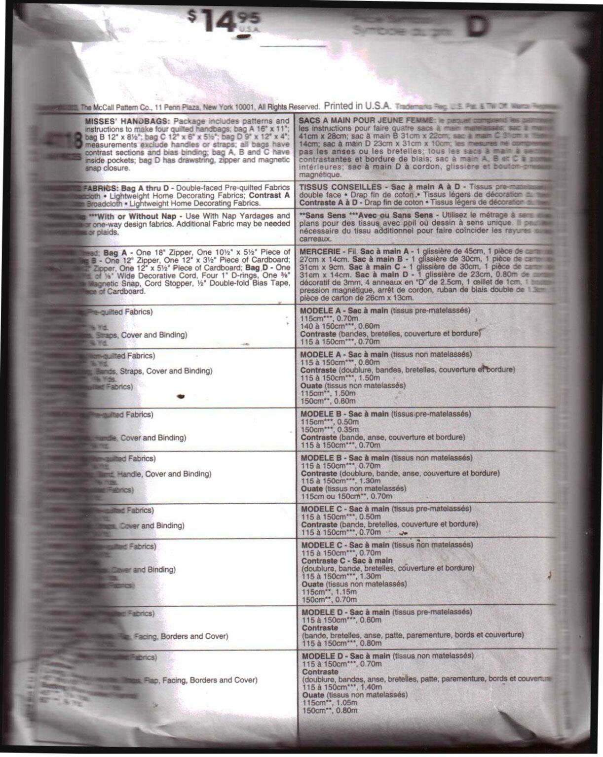 McCall's 4118 Handbags Size: One Used Sewing Pattern