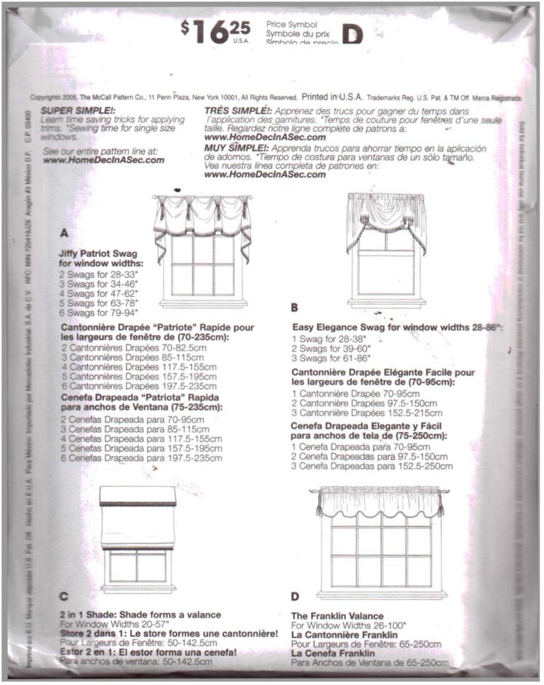 McCall's M4854 Window Treatments Size: One Uncut Sewing Pattern