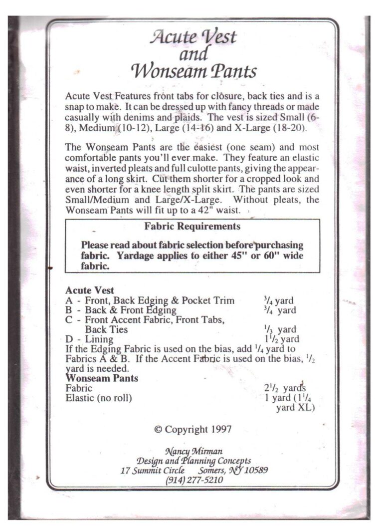 Nancy Mirman NM256 Acute Vest, Wonseam Pants Size: S-M-L-XL Uncut ...