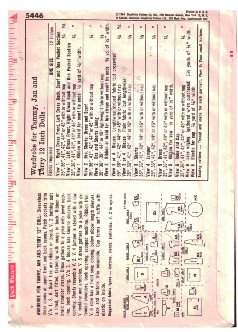 Simplicity 5446 Doll clothes Size: 12″ Used Sewing Pattern – Pattern-Walk