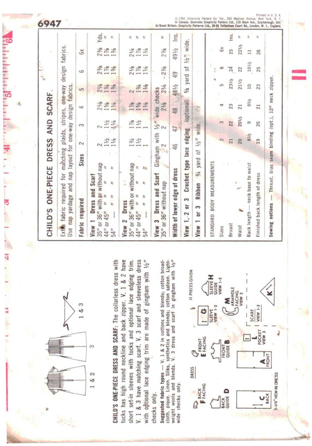 Simplicity 6947 Girls' Dress, Scarf Size: 3 or 5 Uncut Sewing Pattern