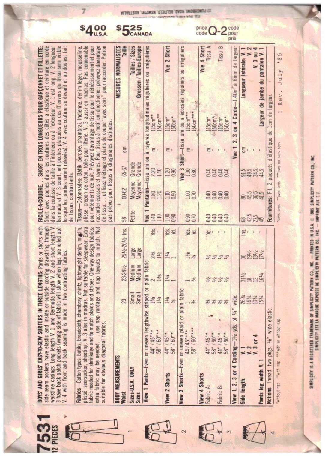 Simplicity 7531 Boy's, Girls' Surfers in three lengths Size: 23-24.5 ...