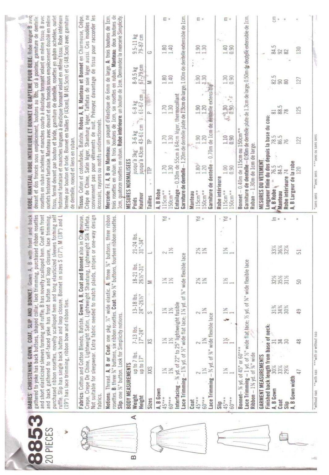 Simplicity 8853 Christening Gown, Coat, Slip, Bonnet Size: A XXS-XS-S-M ...