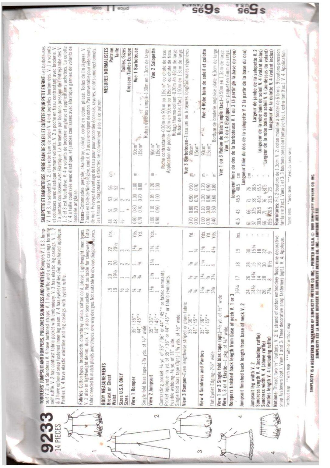 Simplicity 9233 Toddlers' Jumpsuit, Romper, Sundress, Panties Size: 0.5 ...