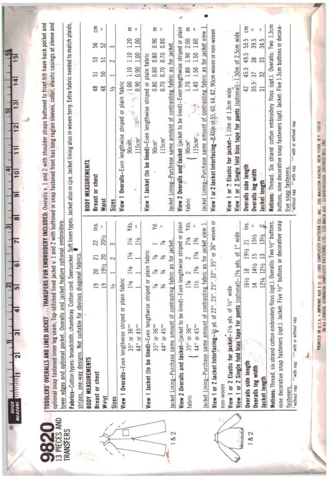 Simplicity 9820 Toddlers’ Overalls, Jacket Size: 0.5-1 Used Sewing ...