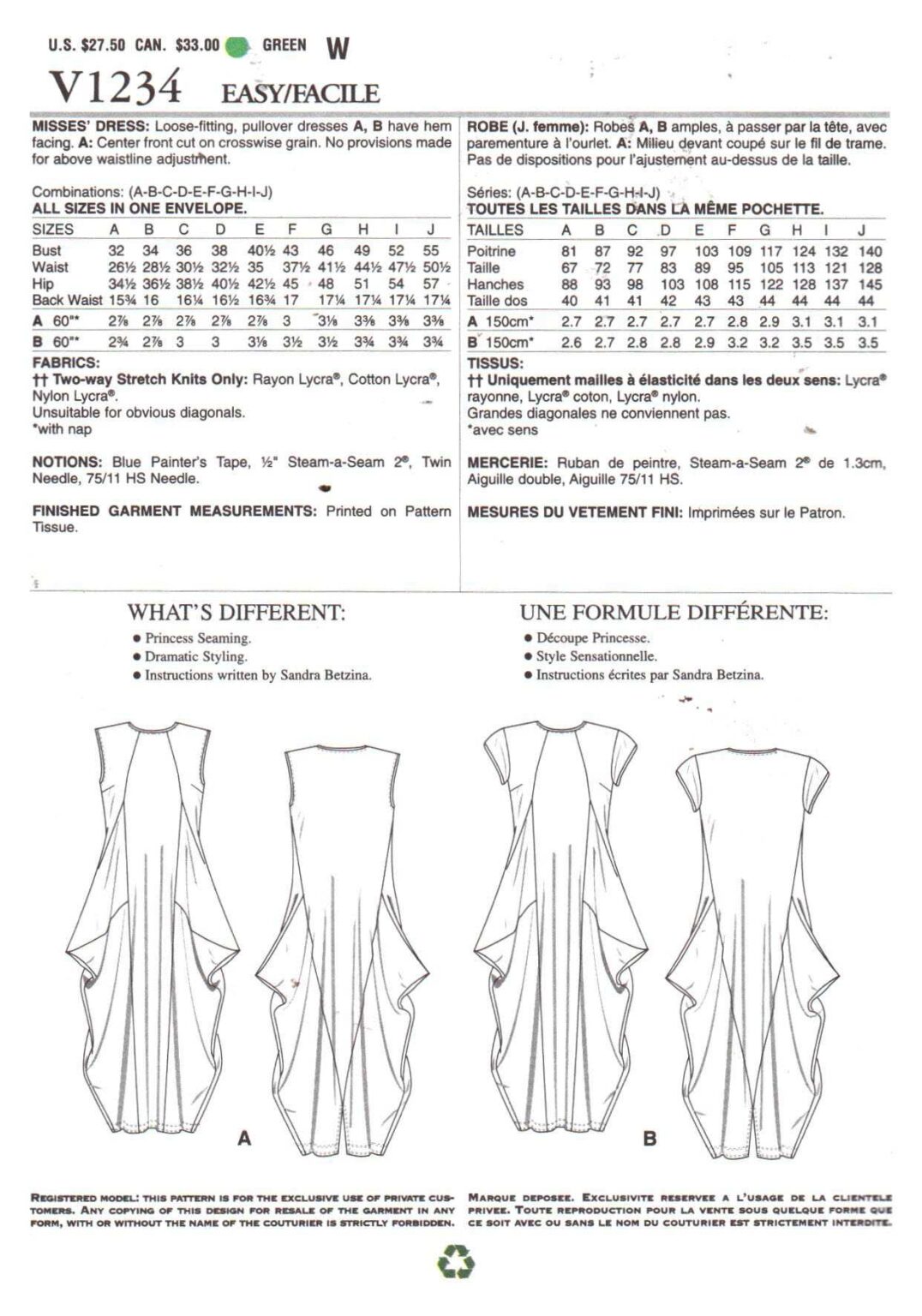 Vogue V1234 Dress by Sandra Betzina Size: OSZ Uncut Sewing Pattern