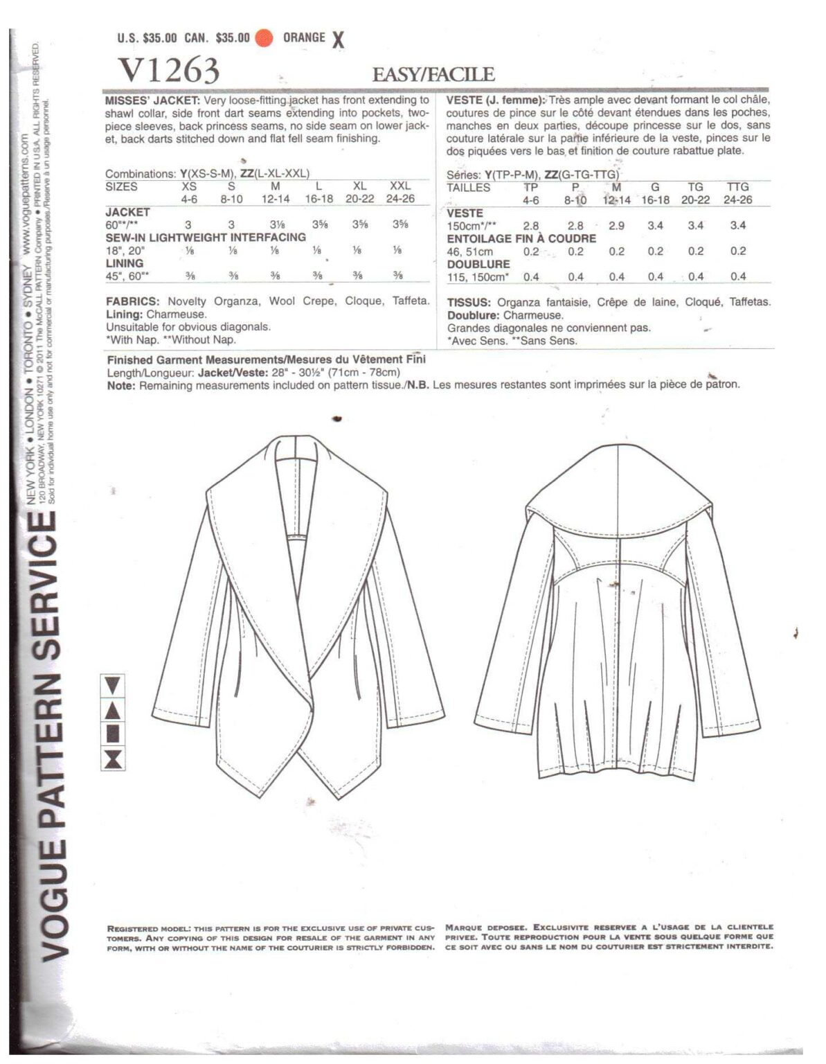 Vogue V1263 Jacket by Donna Karan Size: Y XS-S-M Uncut Sewing Pattern