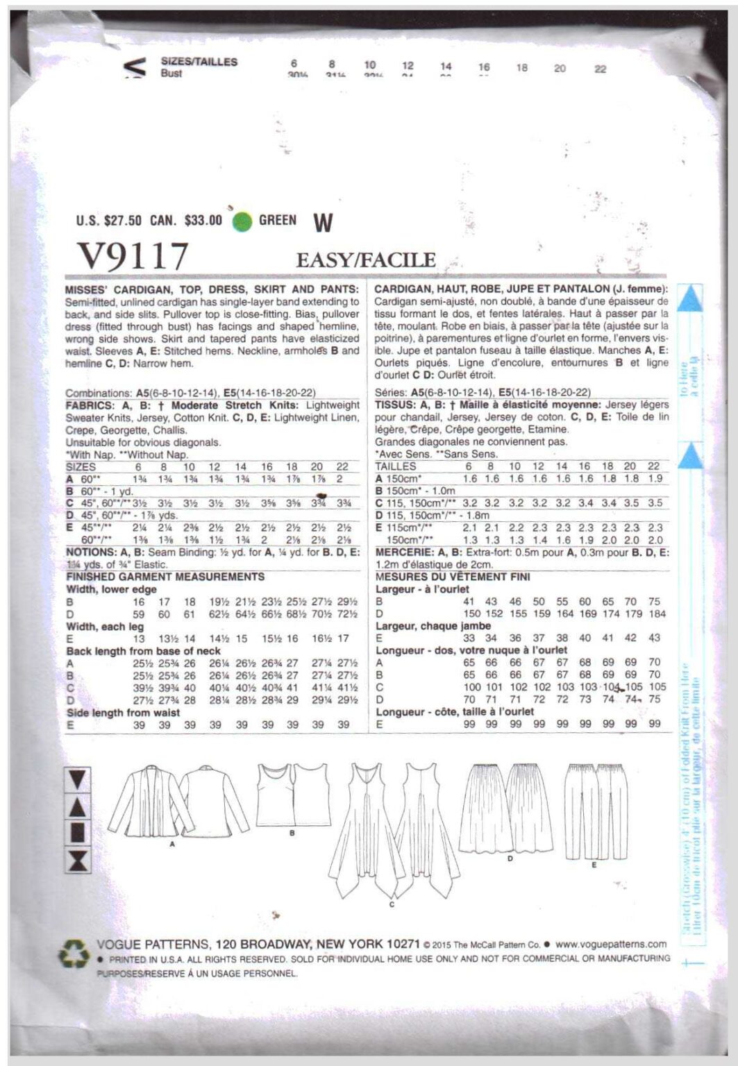 Vogue V9117 Cardigan, Top, Dress, Skirt, Pants Size: A5 6-8-10-12-14 ...