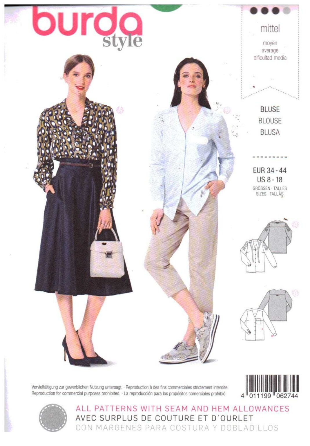 Burda 6274 Blouse Size: 8-18 Uncut Sewing Pattern