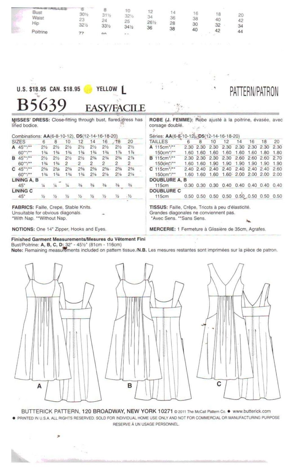 Butterick B5639 Dress Size: AA 6-12 Uncut Sewing Pattern