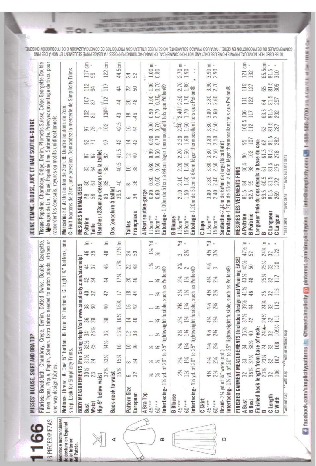 Simplicity 1166 Blouse, Skirt, Bra Top 1950's Size: H5 6-14 or U5 16-24 ...