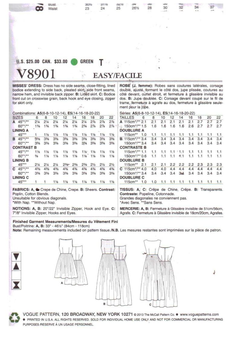 Vogue V8901 Dresses Size: A5 6-8-10-12-14 Uncut Sewing Pattern