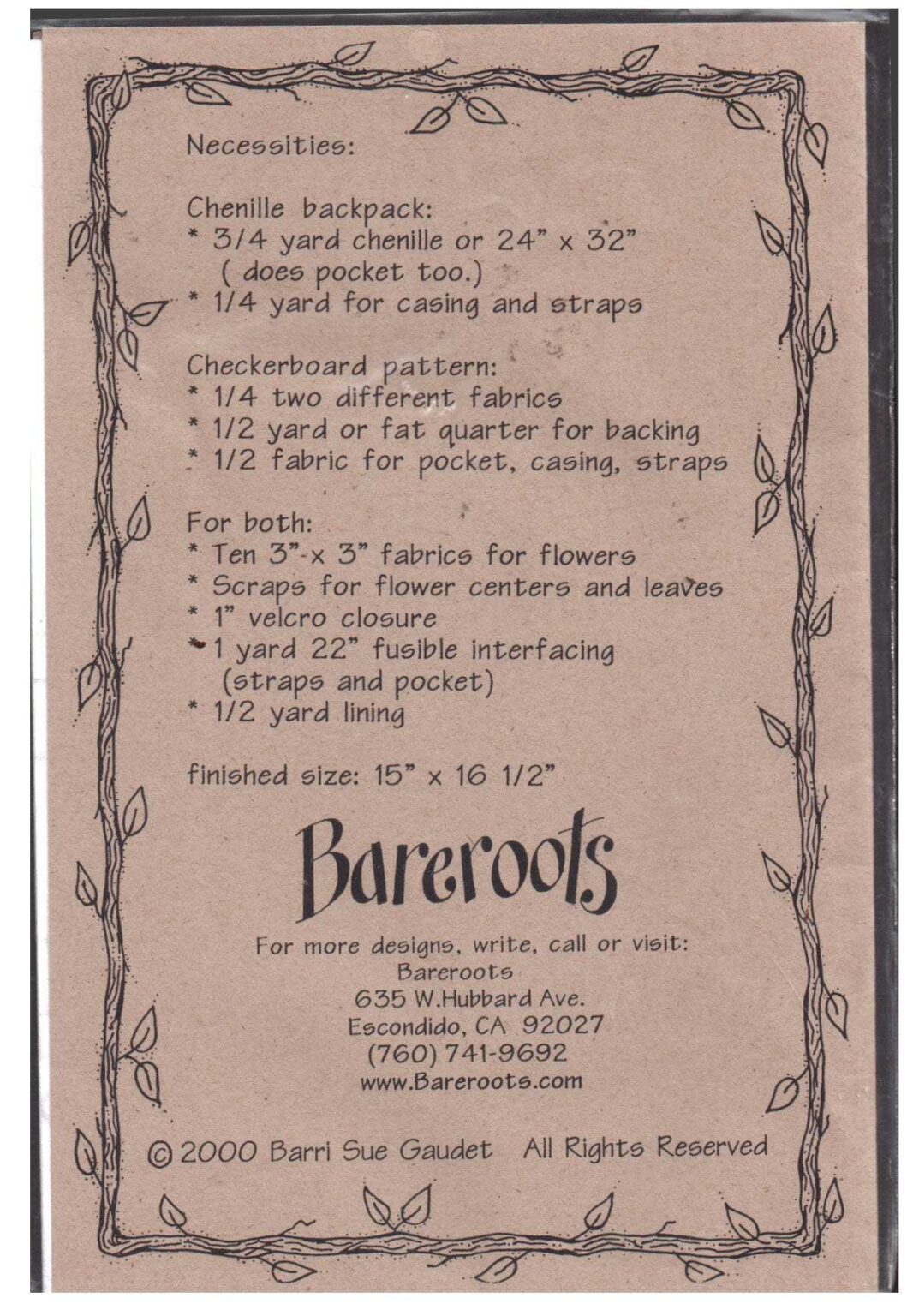Bareroots 52 Spring Backpack Size: One Uncut Sewing Pattern