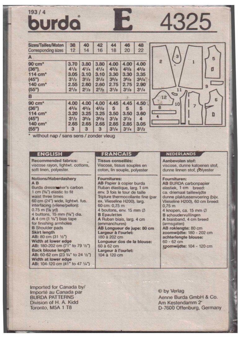 Burda 4325 Skirt, Top, Vest Size: 12-14-16-18-20-22 Uncut Sewing Pattern