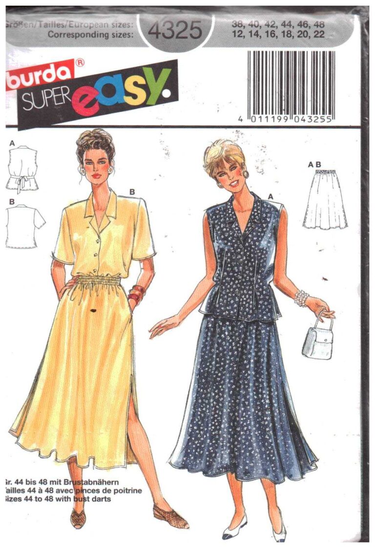 Burda 4325 Skirt, Top, Vest Size: 12-14-16-18-20-22 Uncut Sewing Pattern