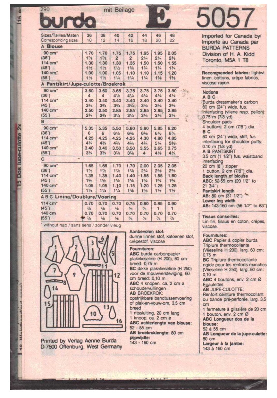 Burda 5057 Jacket, Culottes Size: 10-22 Uncut Sewing Pattern