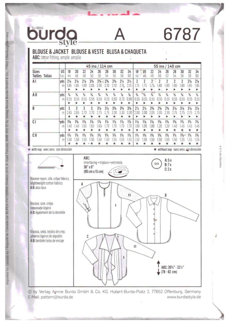 Burda 6787 Tops Size: 18-34 Uncut Sewing Pattern
