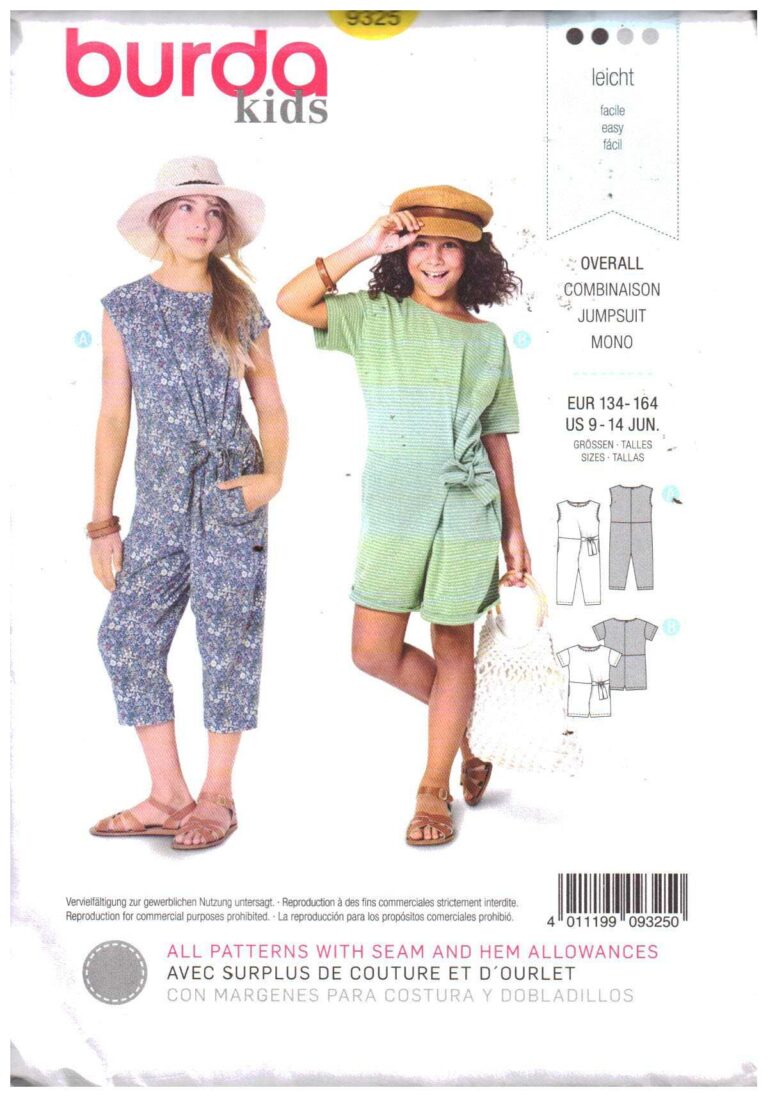 Burda 9325 Girl's Overall Size: 9-14 Uncut Sewing Pattern