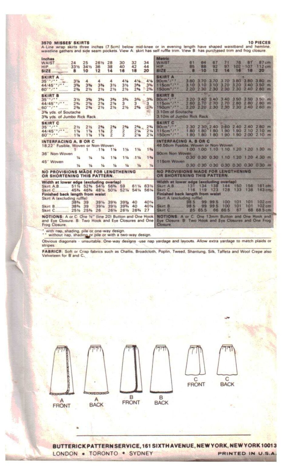 Butterick 3570 Skirts Size: 12 Used Sewing Pattern