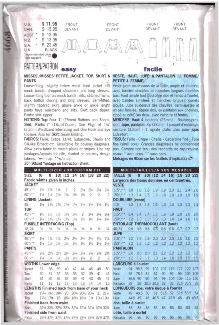 Butterick 4668 Jacket, Top, Skirt, Pants Size: 18-20-22 Uncut Sewing ...