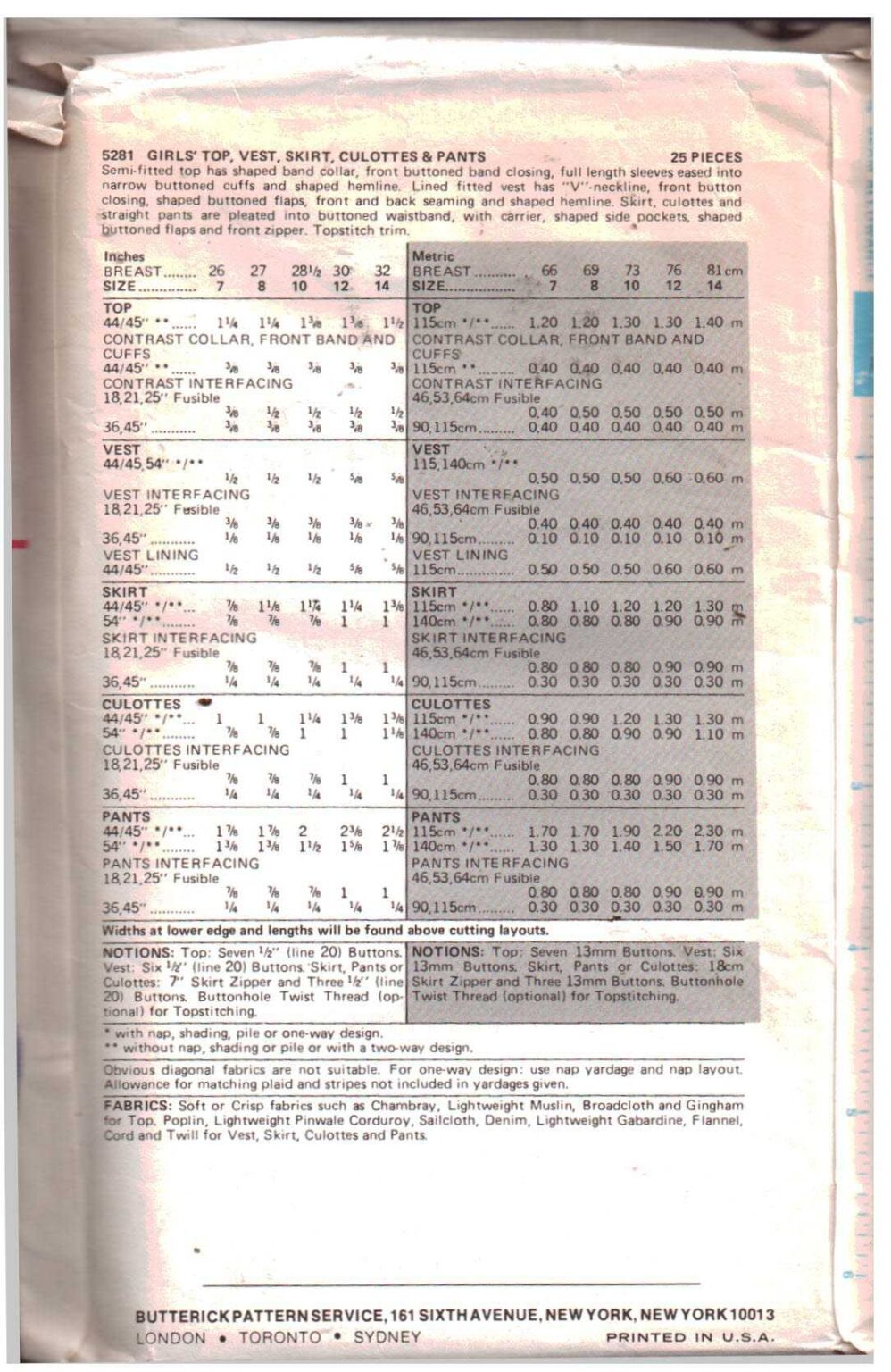 Butterick 5281 Girl's Top, Vest, Skirt, Culottes, Pants by Betsy ...