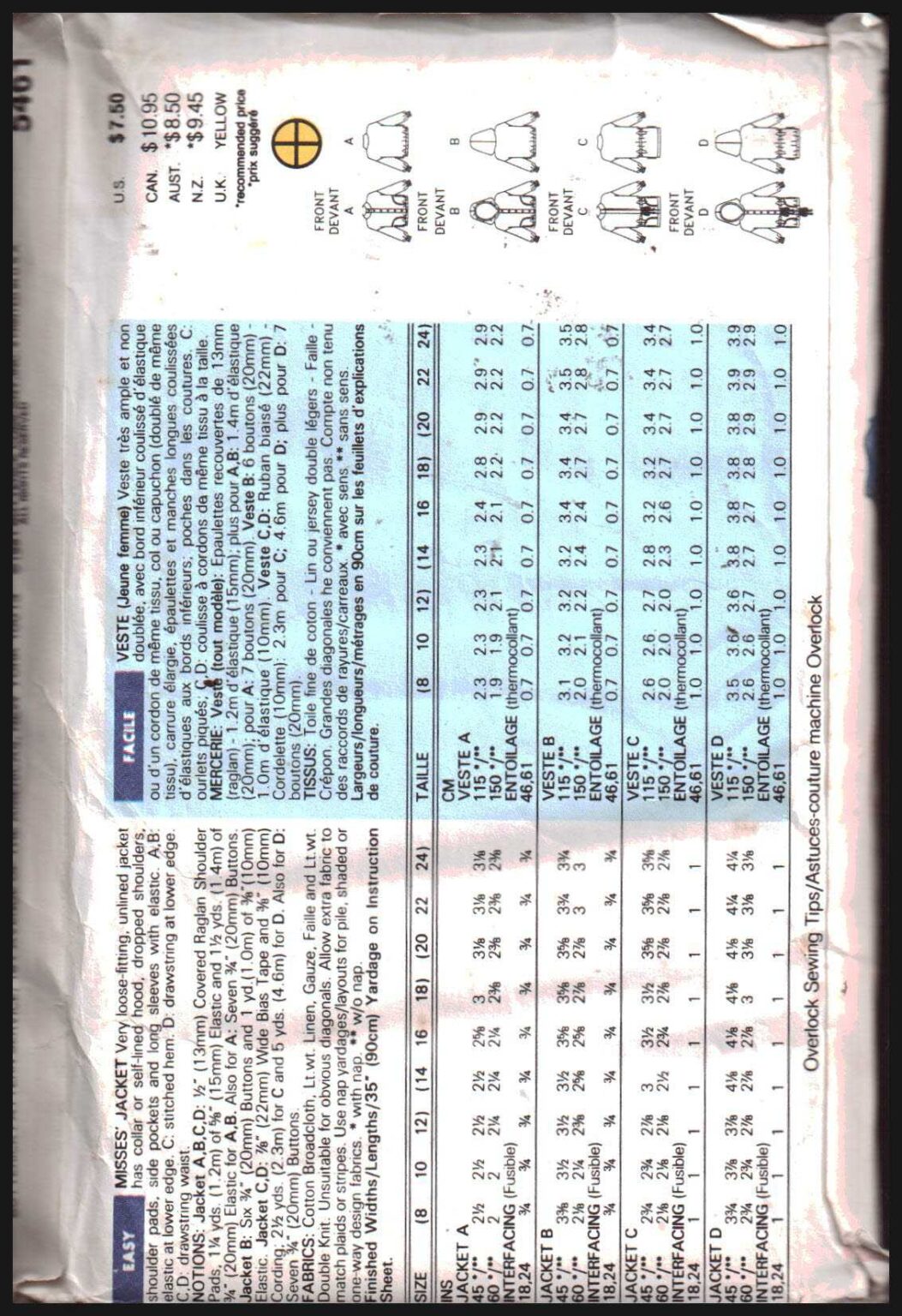 Butterick 5461 Jacket Size: 20-22-24 Uncut Sewing Pattern